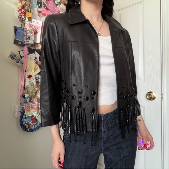 Worth | Jackets & Coats | Worth Black Leather Beaded Fringe Jacket ...